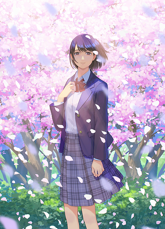 Safebooru - 1girl black hair blazer bow bowtie bush cherry blossoms ...