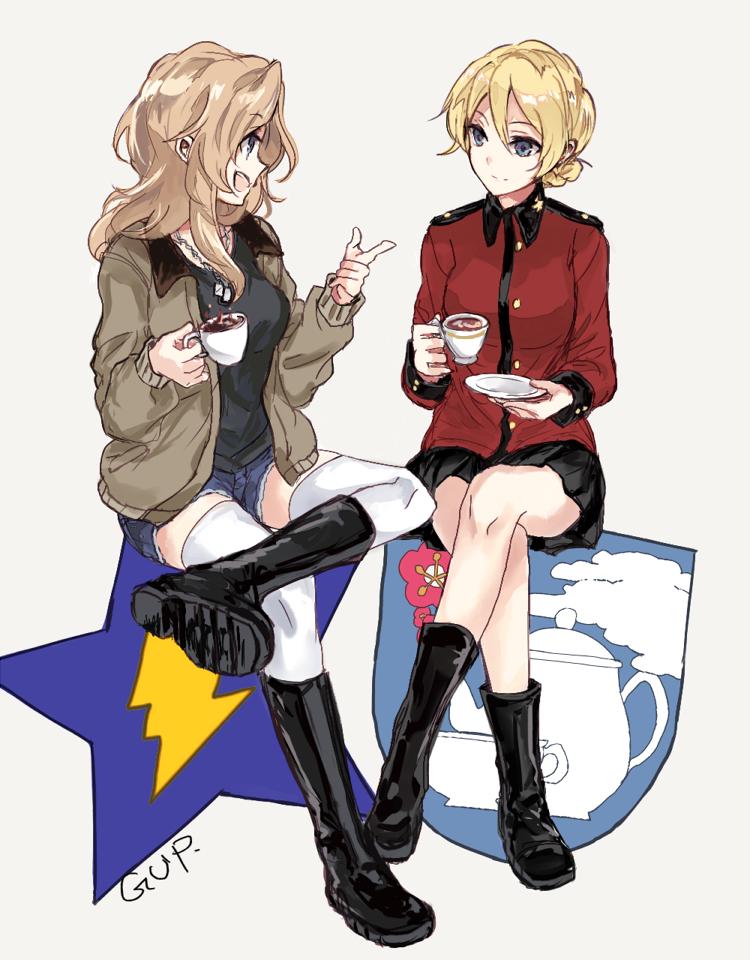 Safebooru - 2girls blonde hair boots coffee commentary request ...