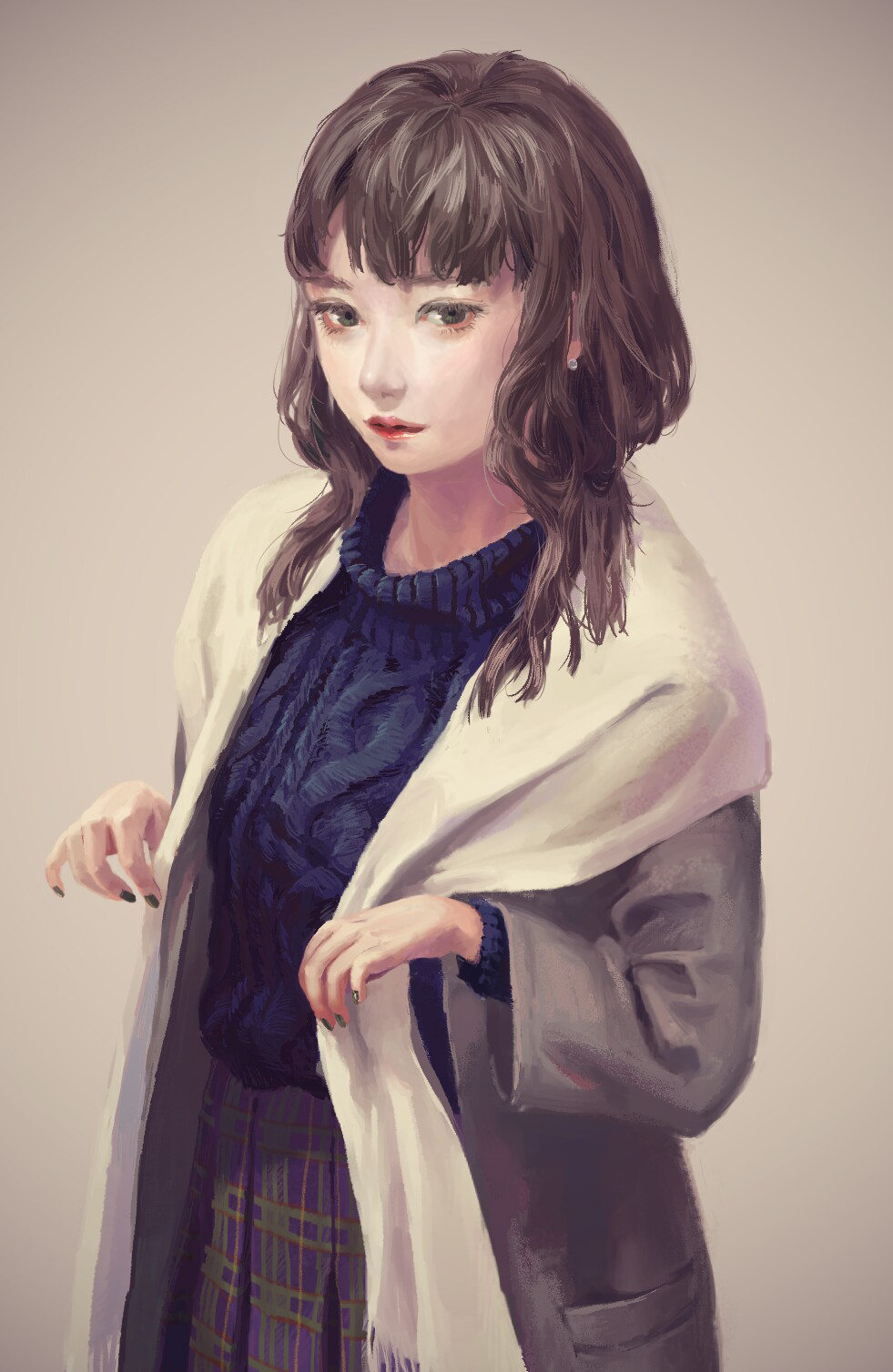 Safebooru 1girl Adjusting Clothes Aran Sweater Bangs Black Nails Blue 6197