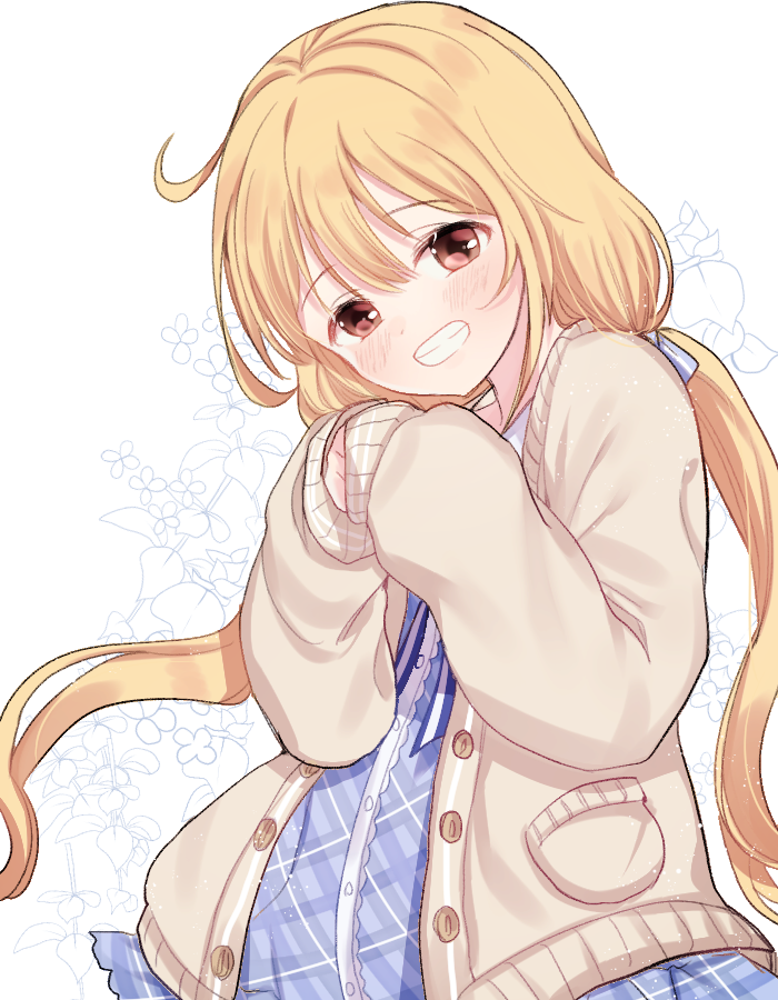 Safebooru - 1girl ahoge bangs blonde hair blue dress blush brown cardigan brown eyes cardigan ...