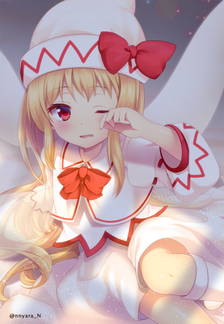Safebooru - 1girl artist name bed sheet blonde hair blush bow bowtie capelet commentary request ...
