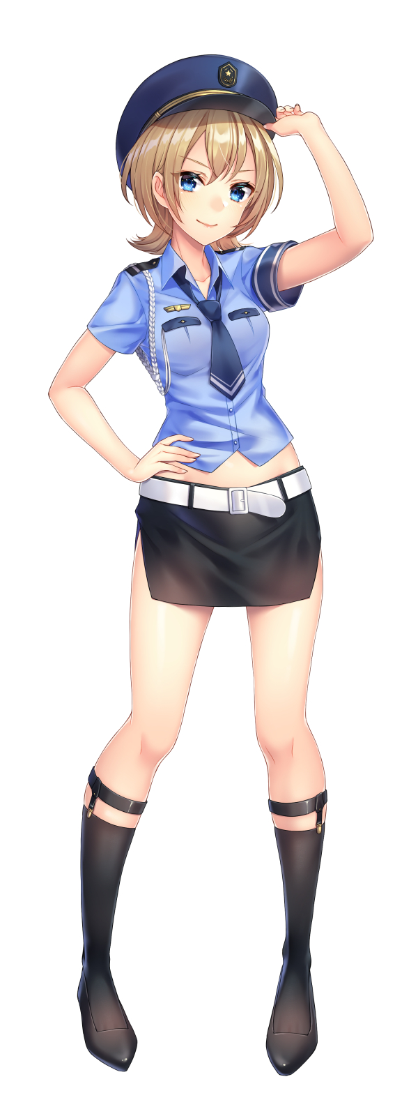 Safebooru - 1girl aiguillette arm up bangs belt black footwear black legwear black skirt blonde ...