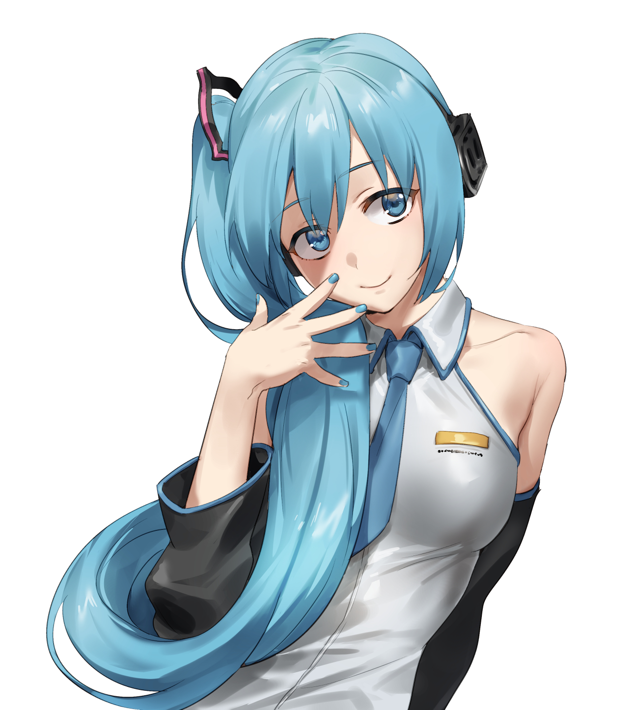 Safebooru - 1girl aqua eyes aqua hair aqua nails bare shoulders bchlmnr black sleeves blue eyes ...