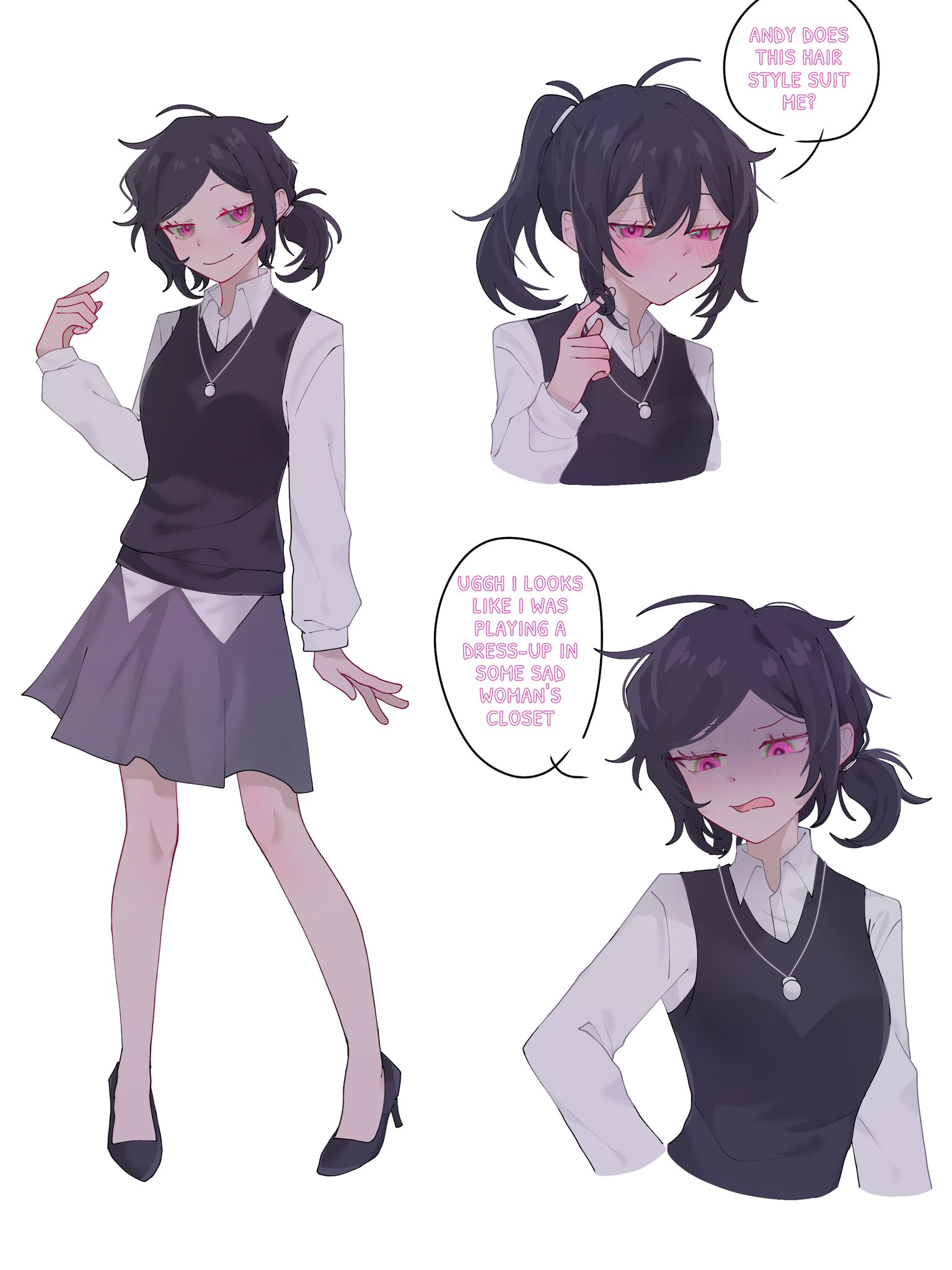 Safebooru - 1girl ahoge alternate hairstyle annoyed arm at side ashley ...
