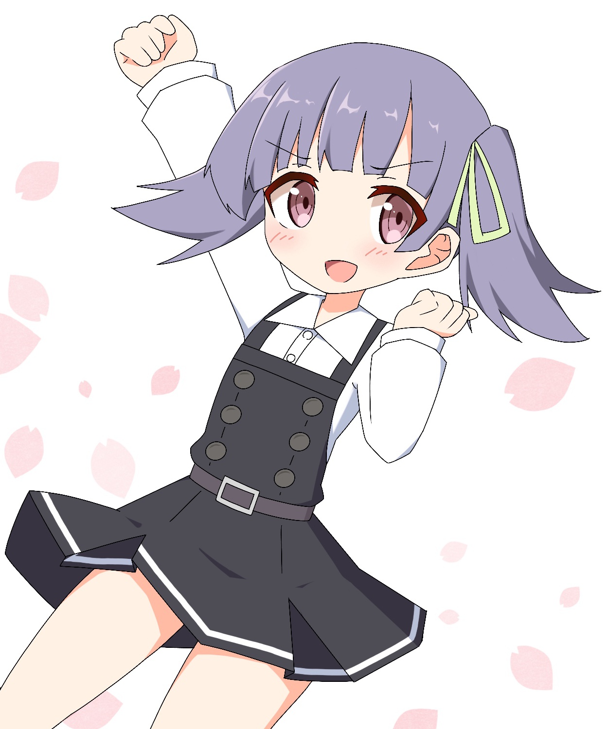 Safebooru - 1girl :d arm up bangs belt belt buckle black belt black dress blush brown eyes ...