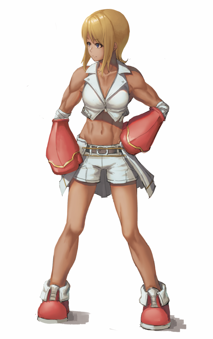 Safebooru - 1girl abs blonde hair blue eyes dark skin medium hair midriff muscle muscular female ...