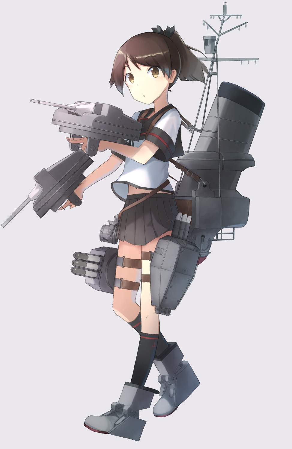 Safebooru - 1girl adapted turret black sailor collar black skirt brown hair full body grey ...
