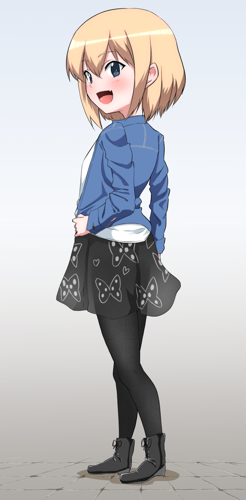 Safebooru - 1girl :d animal print ankle boots bangs black footwear black legwear black skirt ...