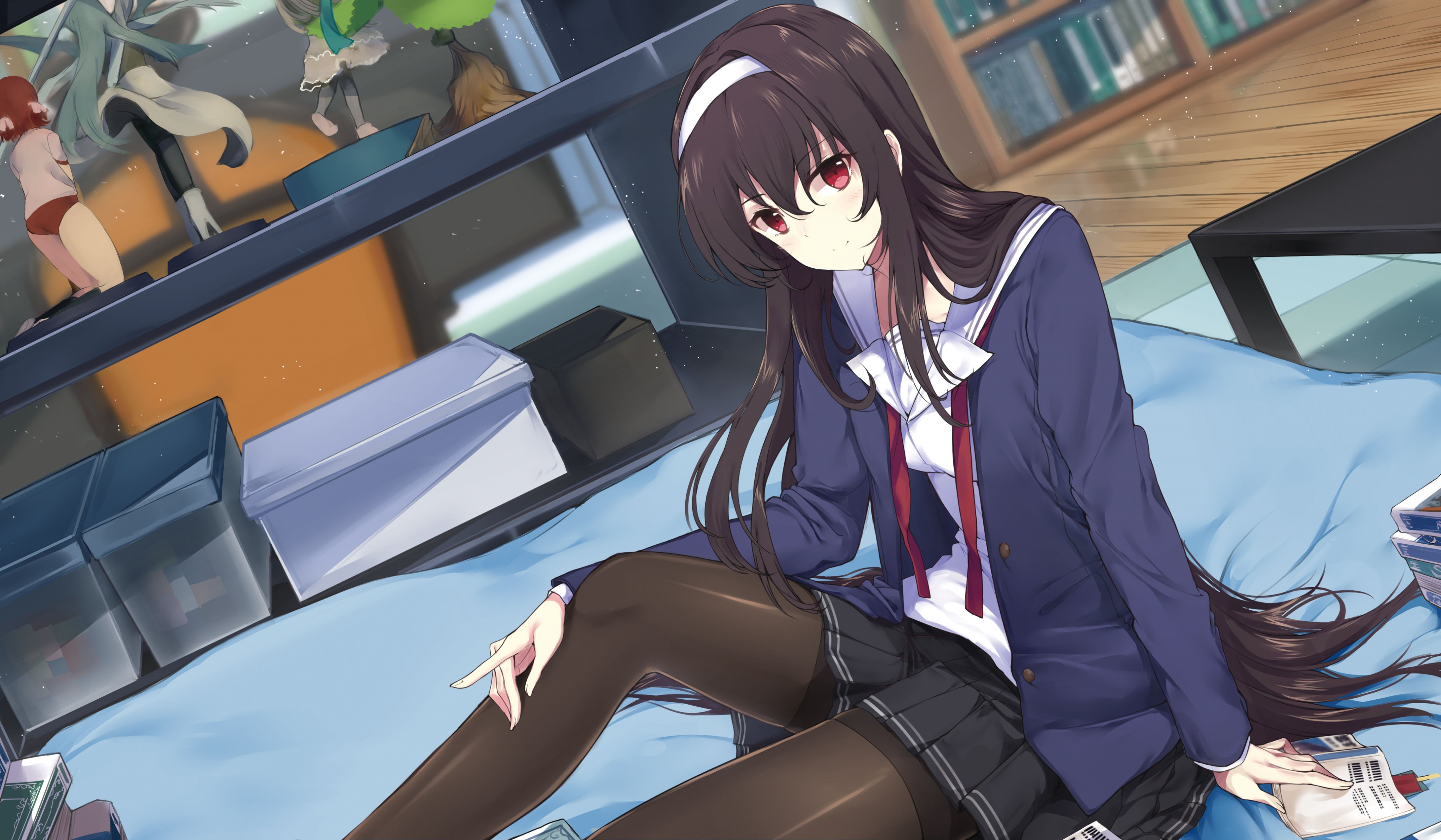 Safebooru - 1girl absurdres black hair book figure floor hairband highres kasumigaoka utaha long ...