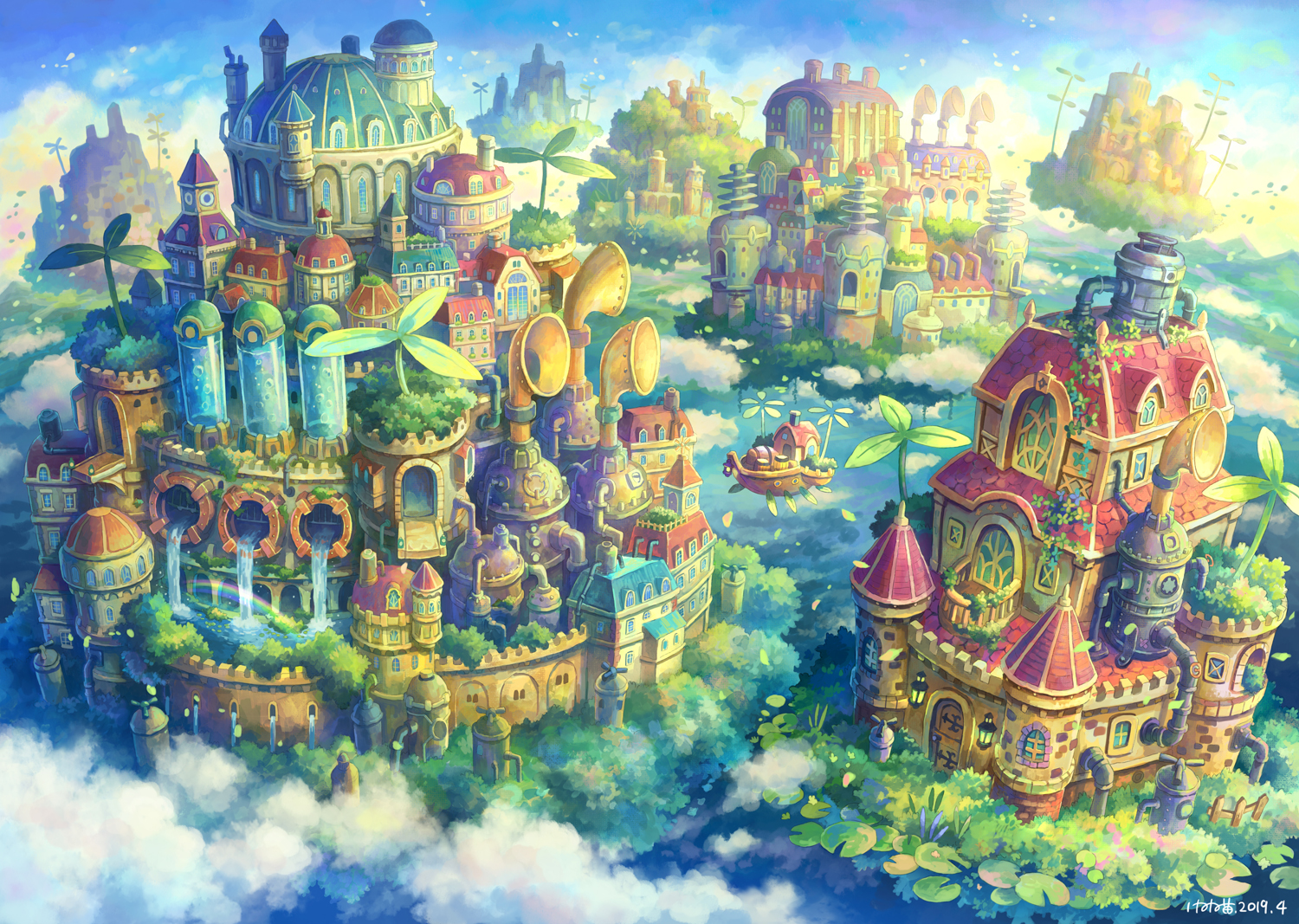 Safebooru - balcony blue sky building bush cityscape clouds clover ...