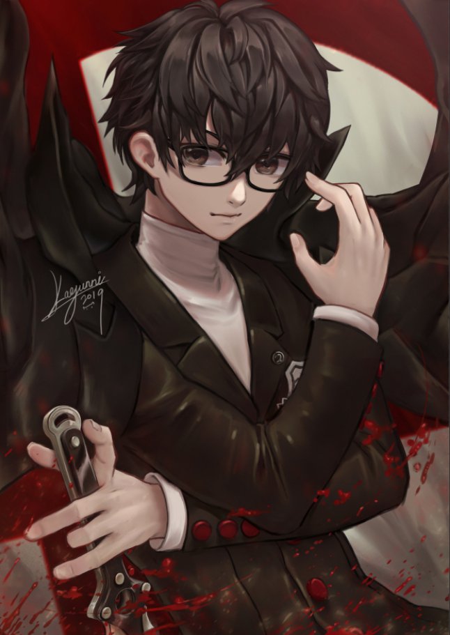 Safebooru - 1boy amamiya ren black hair brown hair glasses jacket kaejunni knife looking at ...