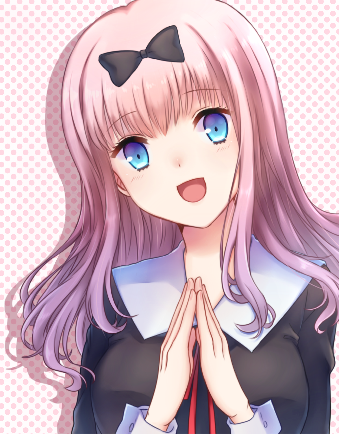 Safebooru - :d bangs black bow black shirt blue eyes bow eyebrows ...