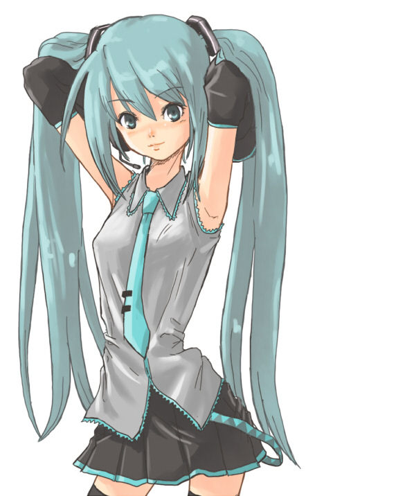 Safebooru - arms up hatsune miku necktie thighhighs twintails vocaloid ...