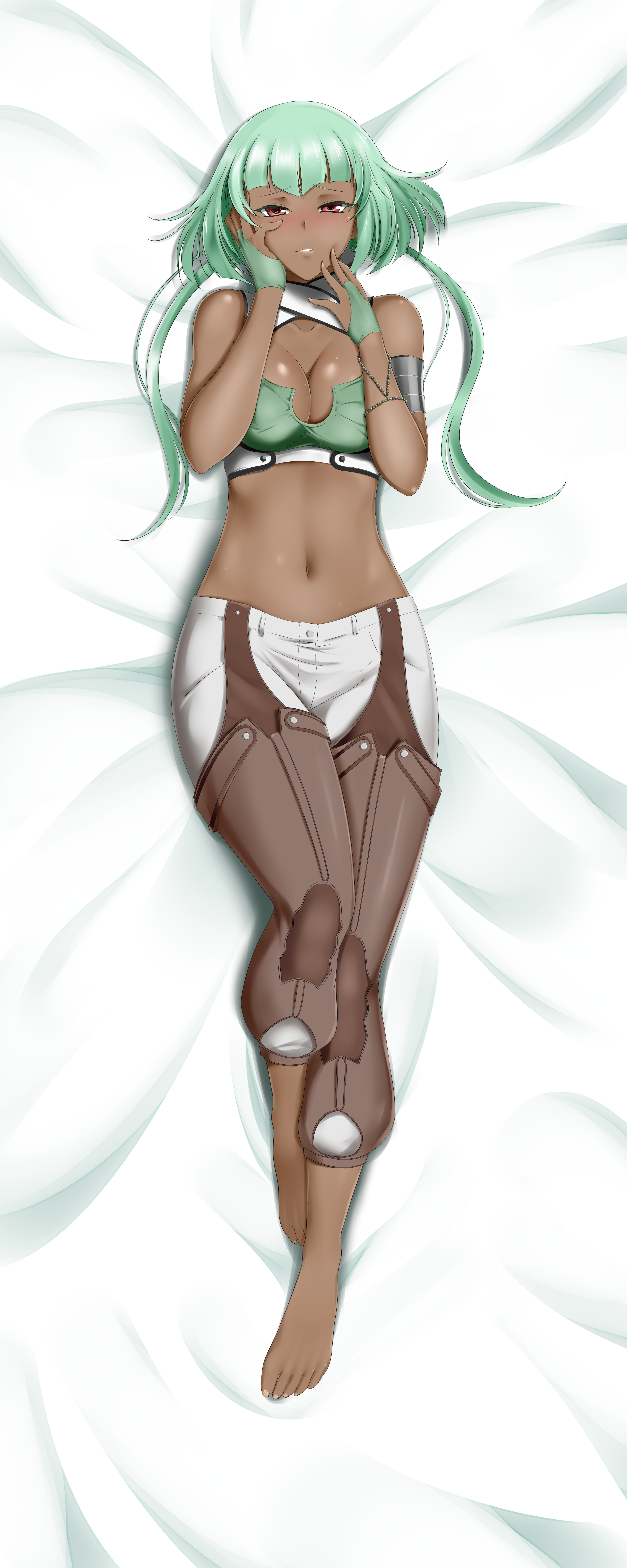 Safebooru - 1girl absurdres alfred cullado bangs barefoot bed sheet bra breasts bridal gauntlets ...