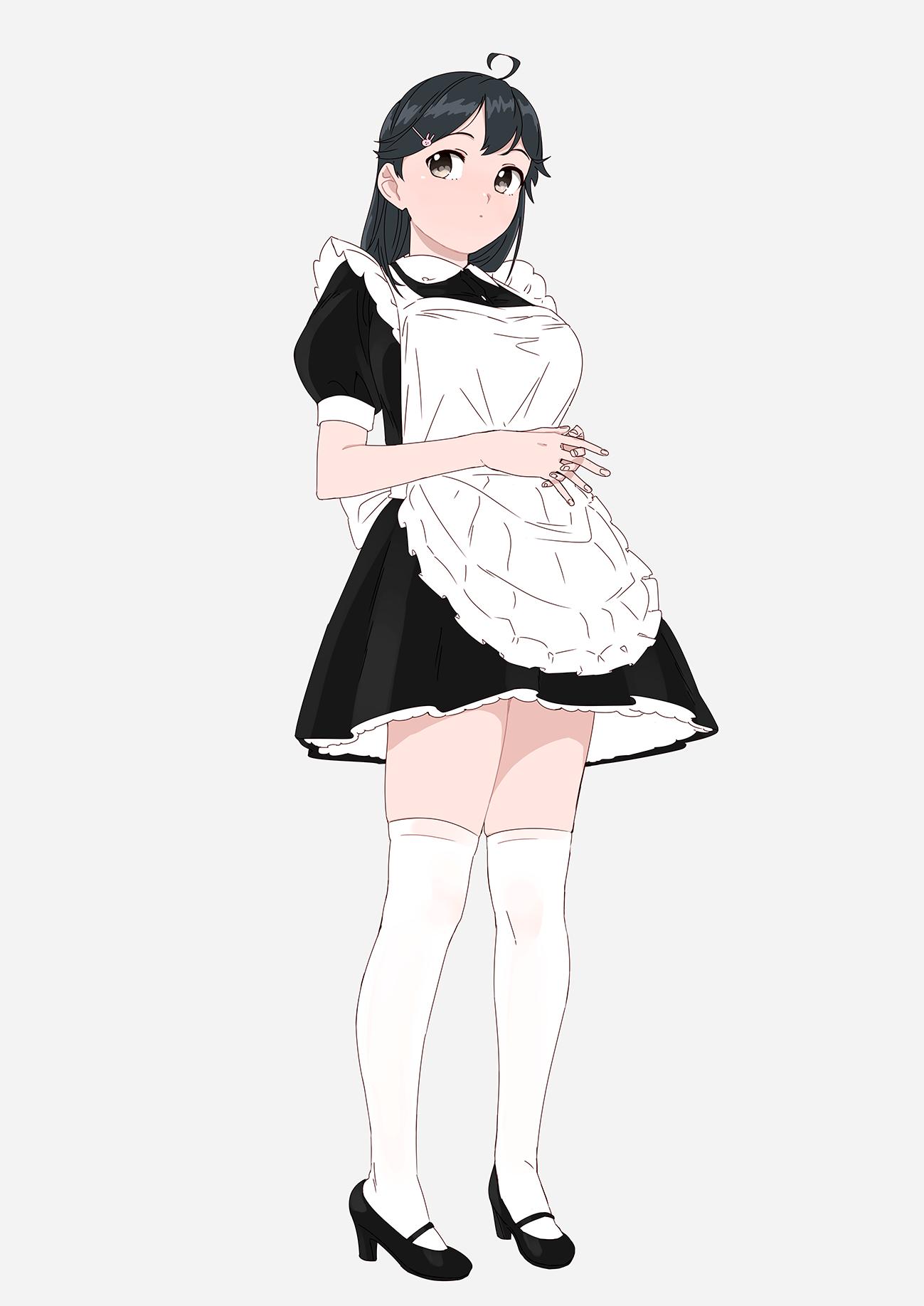 Safebooru - 1girl ahoge alternate costume apron black dress black footwear black hair brown eyes ...