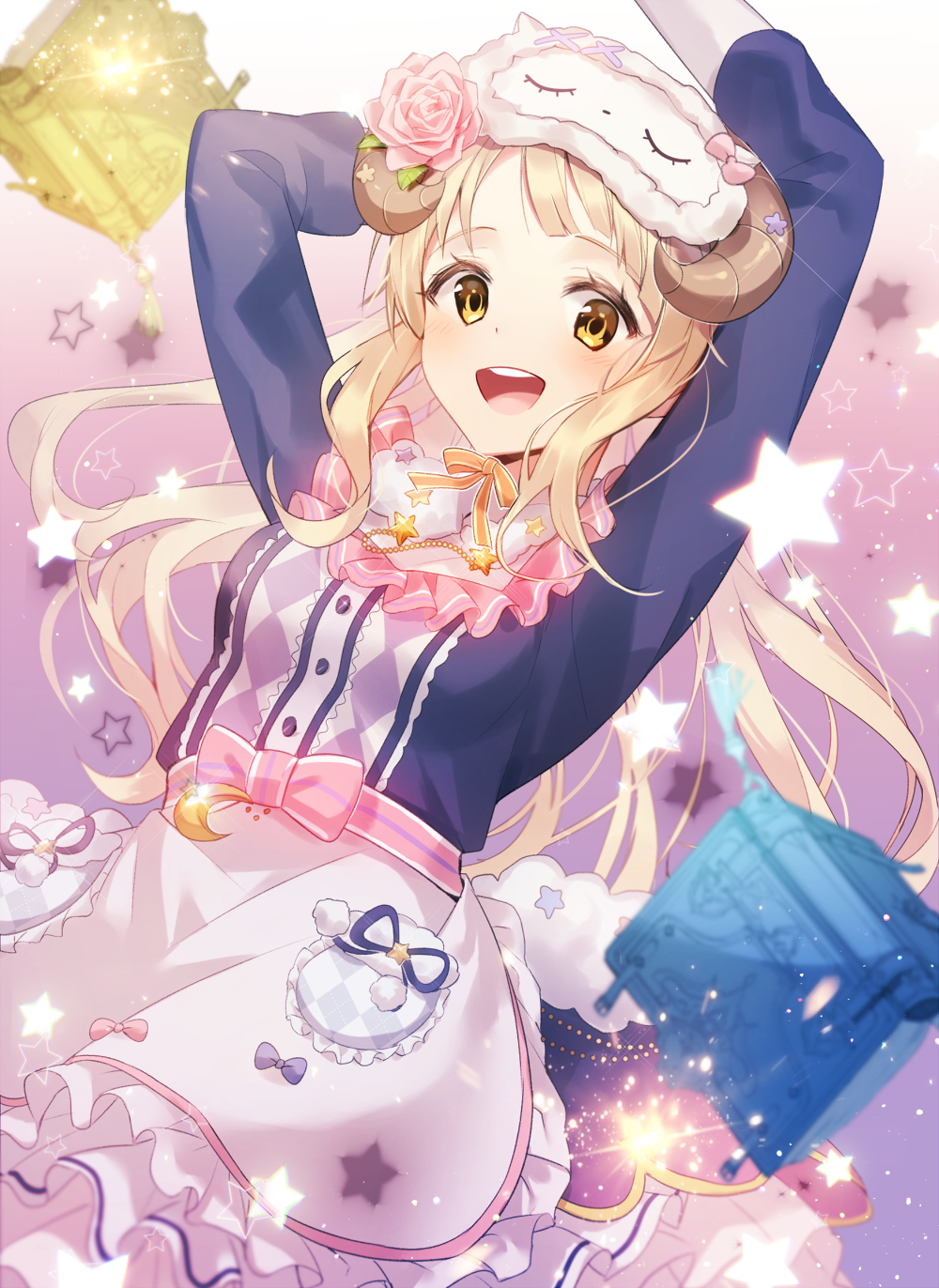 Safebooru - 1girl :d apron bang dream! bangs blonde hair blush book bow breasts dot nose flower ...