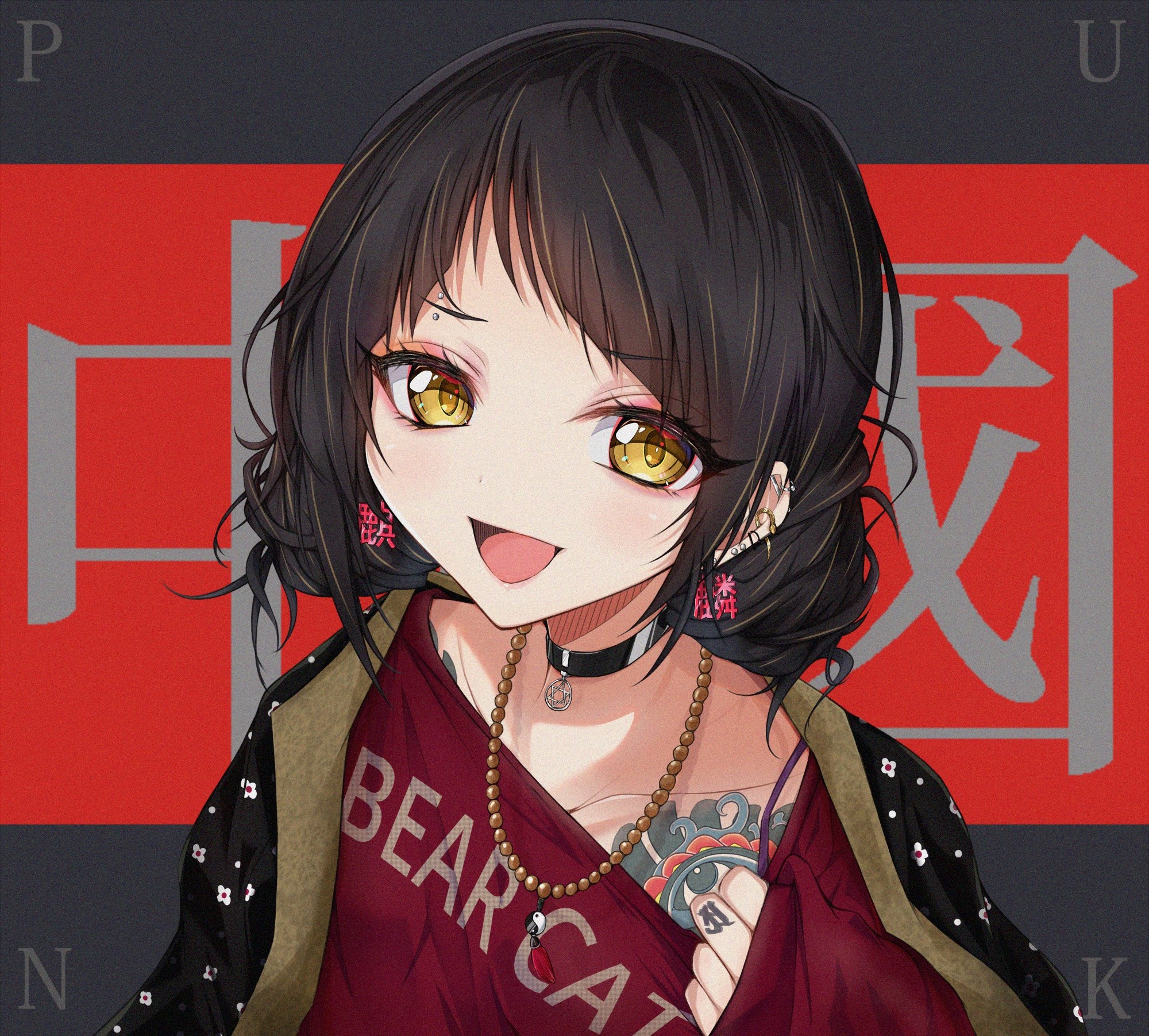 Safebooru - 1girl :d bead necklace beads black background black choker black hair black jacket ...