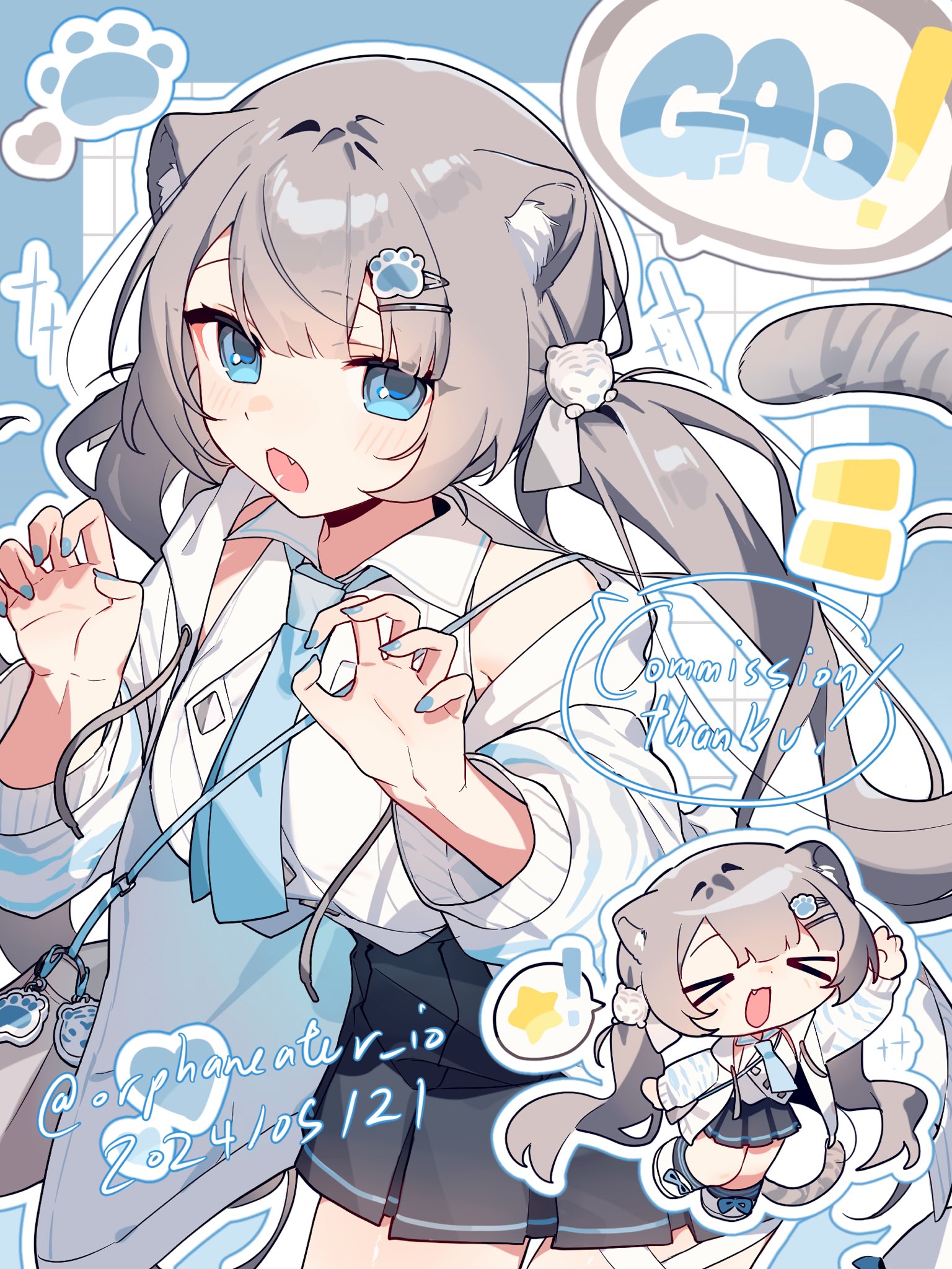 Safebooru - 1girl :o animal ear fluff animal ears bare shoulders black skirt blue background ...