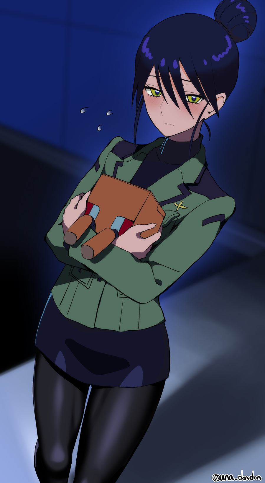 Safebooru - 1girl artist name black hair black pantyhose blue skirt blush breasts commentary ...