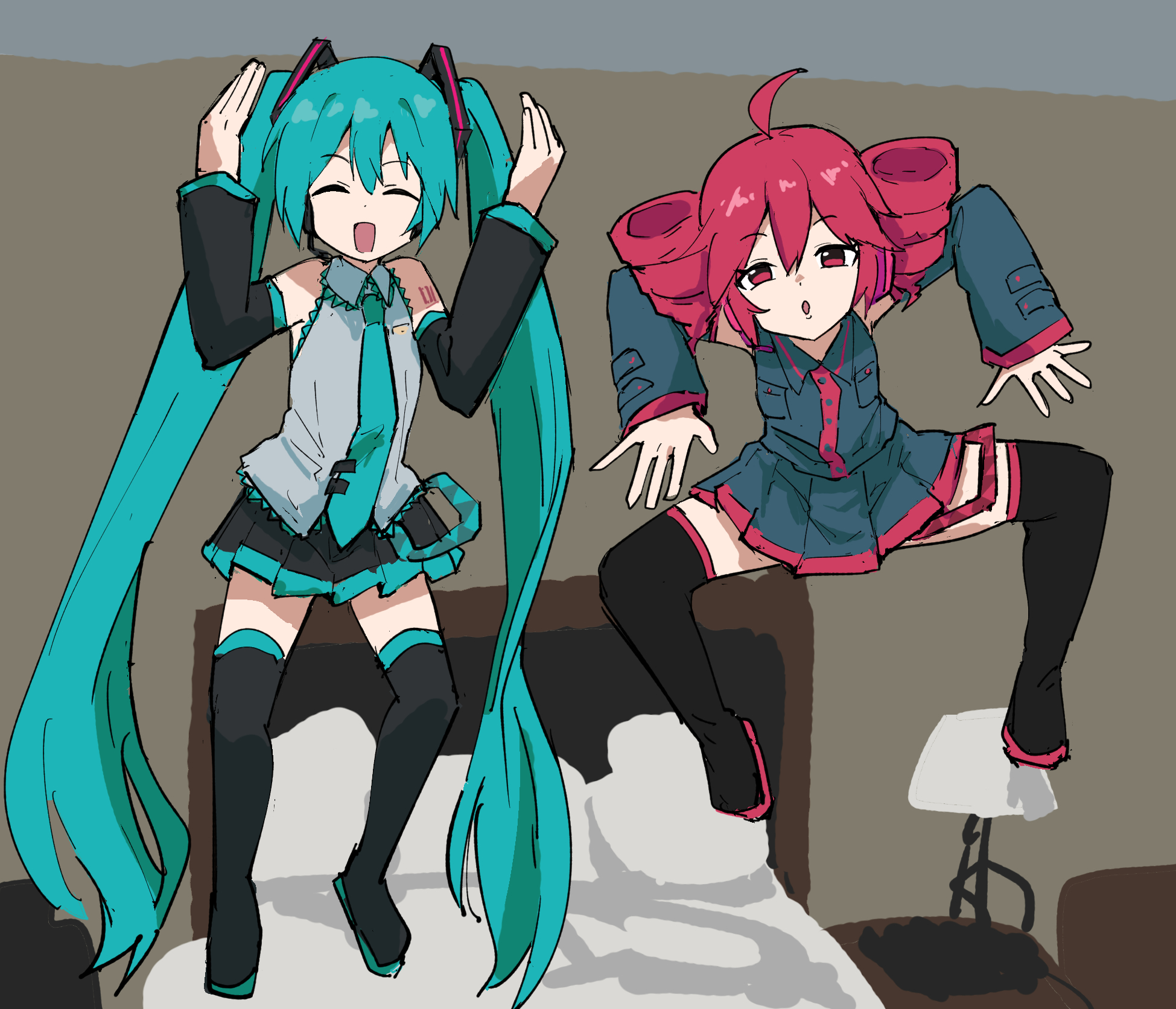 Safebooru - 2girls :d :o ^ ^ ahoge aqua hair aqua necktie arm tattoo arms up bed black boots ...