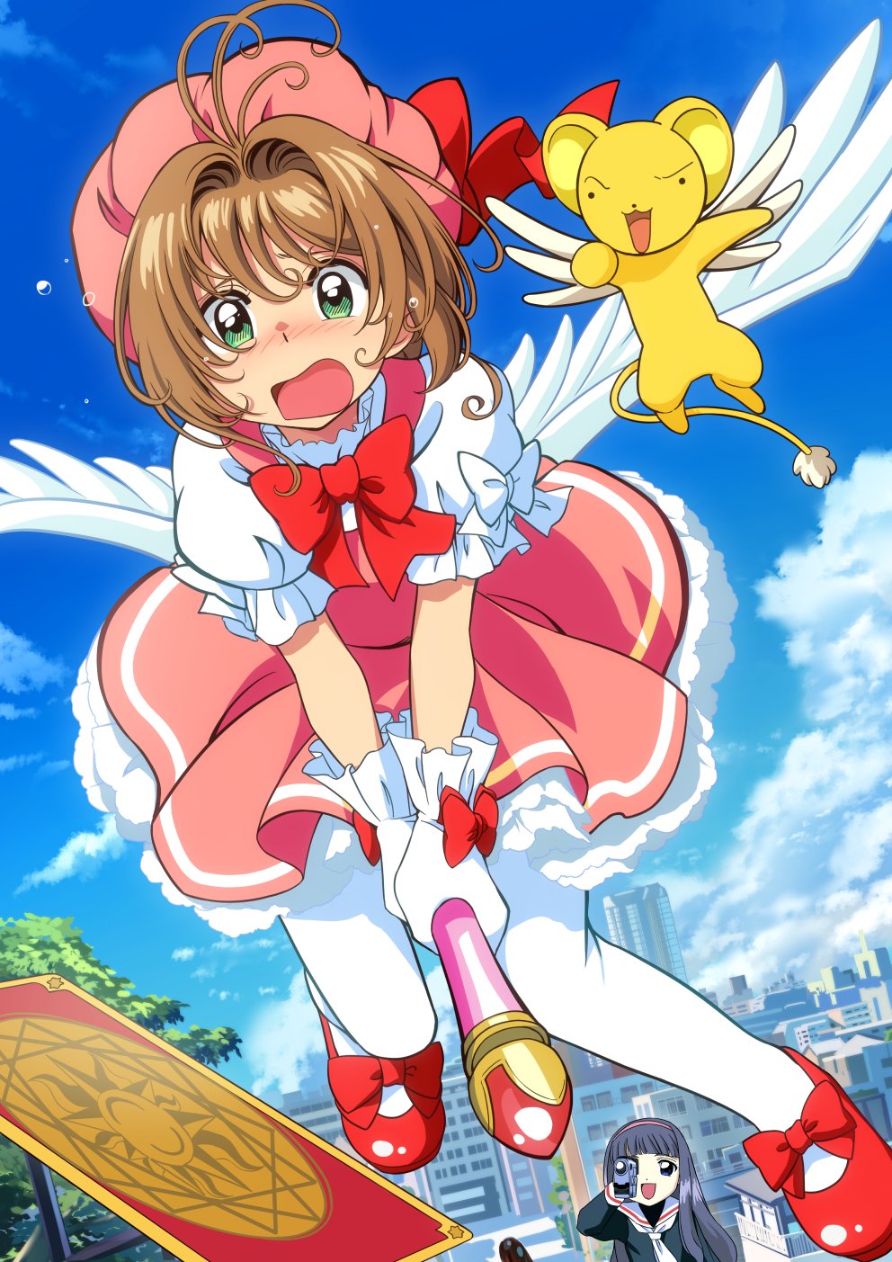 Safebooru - 2girls :d black hair blue sky blunt bangs blush bow brown ...