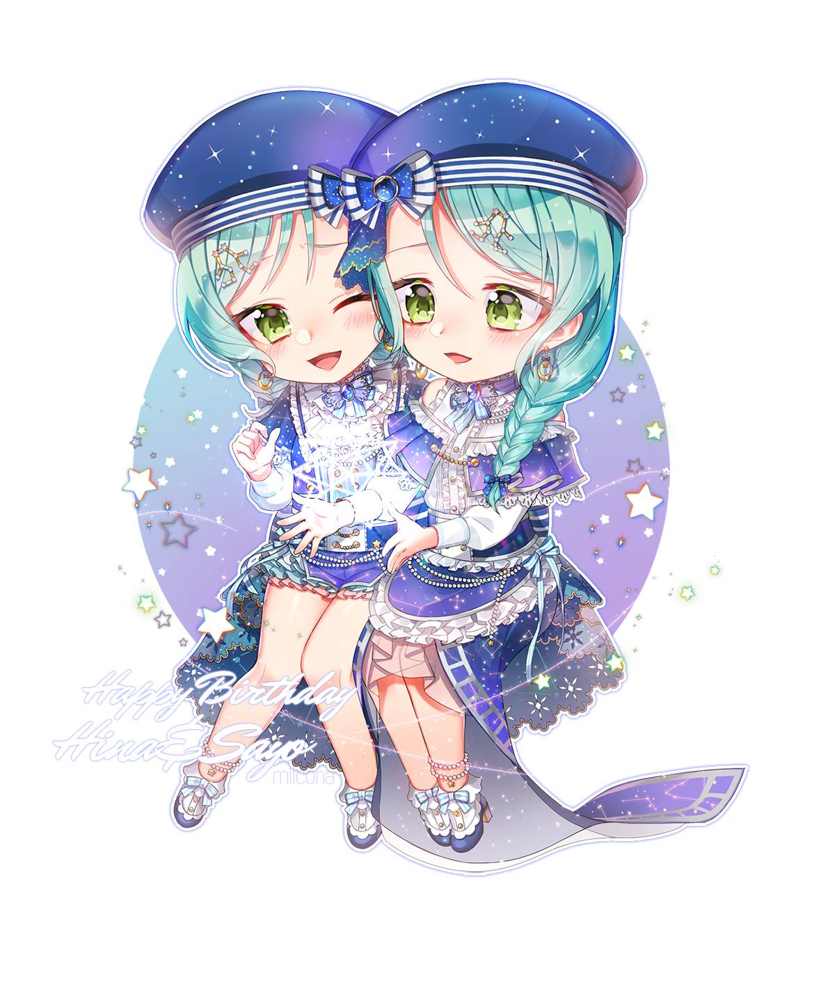 Safebooru - 2girls :d ;d alternate hairstyle aqua hair artist name bang dream! beret blue bow ...