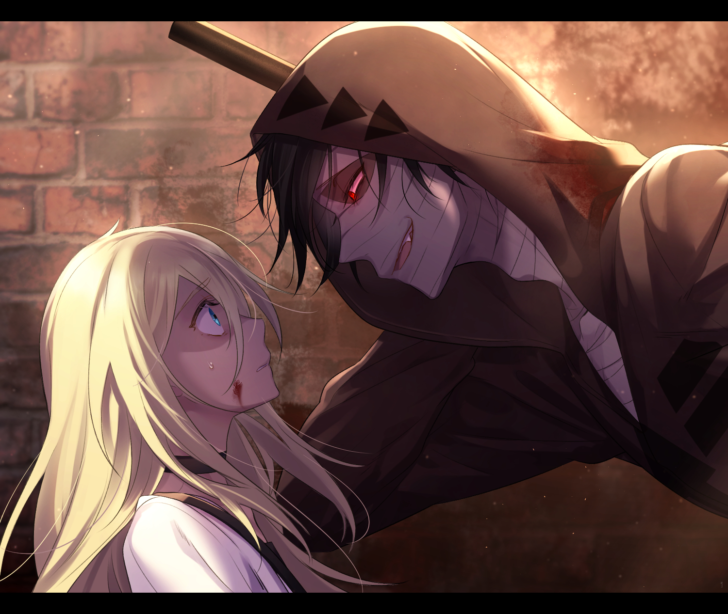 Safebooru - 1boy 1girl bandage on face black hair blonde hair blood blood on face blue eyes ...