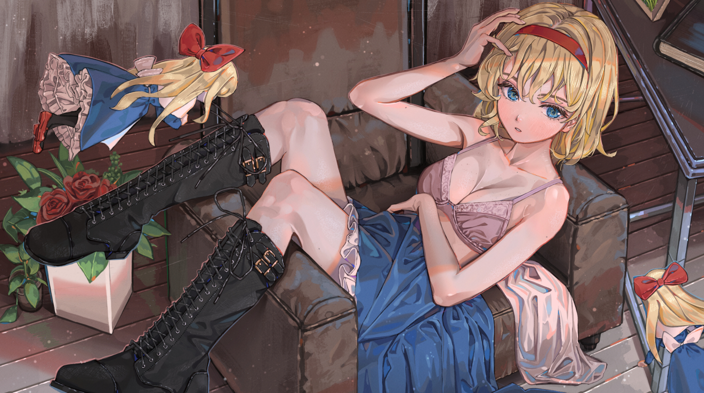Safebooru - 3girls alice margatroid arm up armchair bangs bare arms bare shoulders black ...