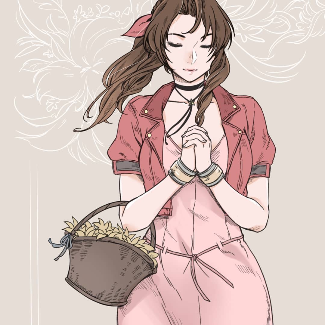 Safebooru - 1girl aerith gainsborough basket bow braid brown hair closed eyes cropped jacket ...