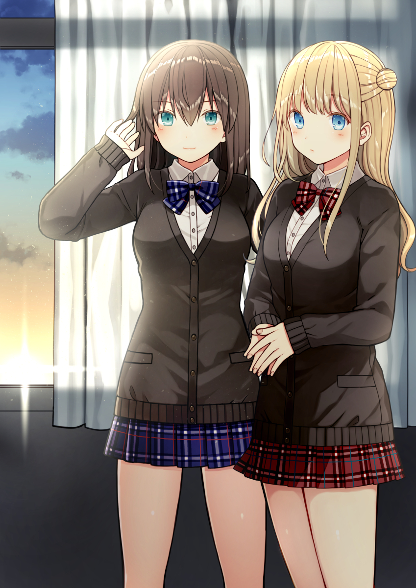 Safebooru - 2girls bangs blonde hair blue bow blue eyes blue skirt blue ...