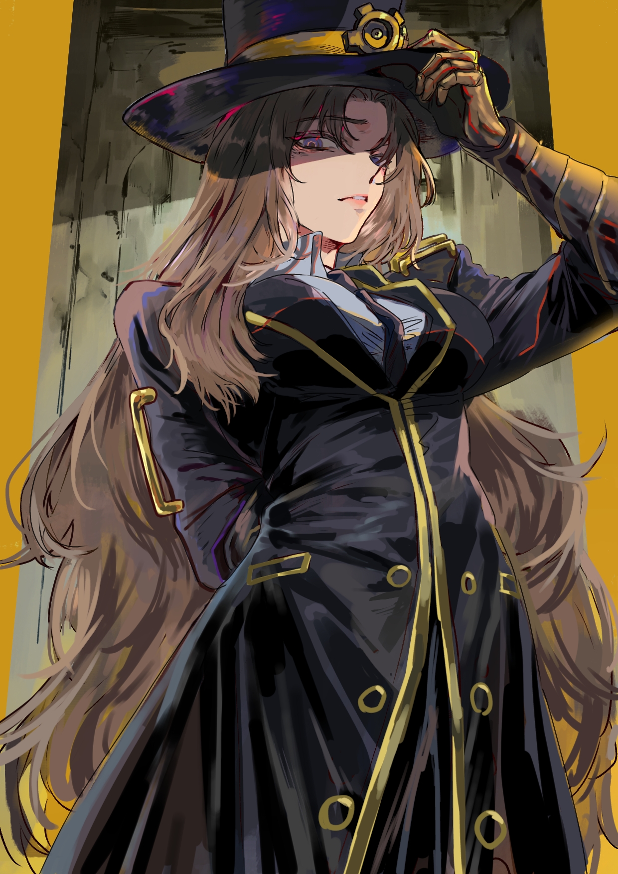 Safebooru - 1girl black coat black hat black necktie blue eyes border ...