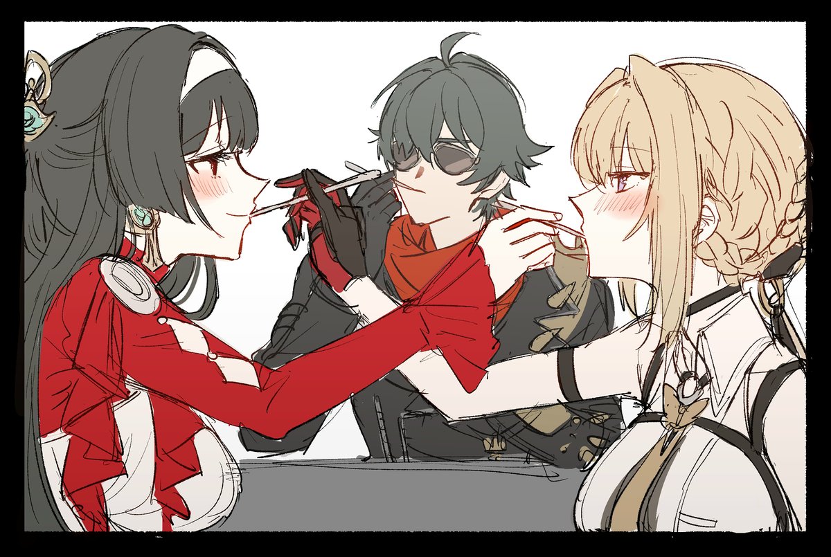 Safebooru - 1boy 2girls astra yao black border black hair black jacket blonde hair blush border ...