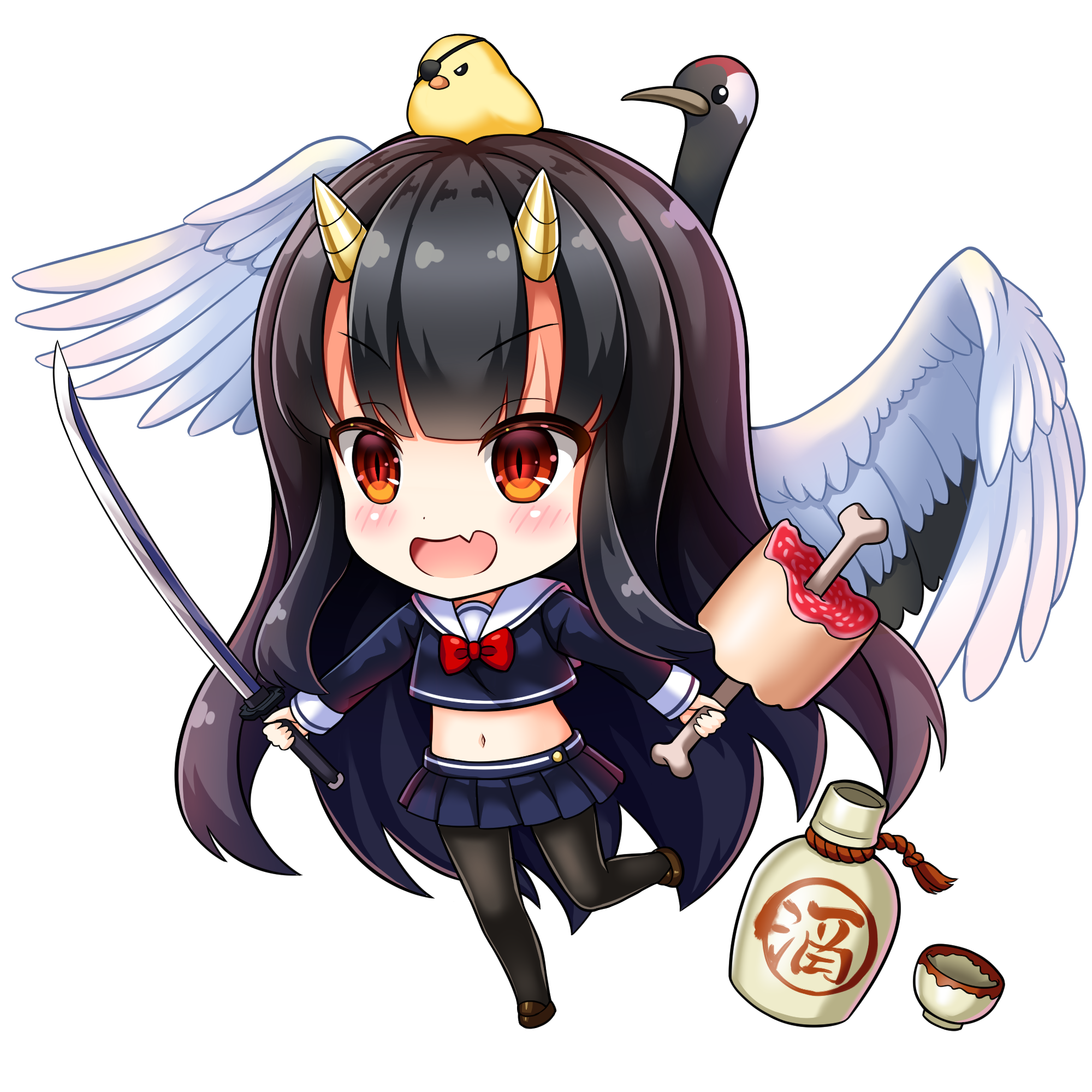 Safebooru - 1girl animal animal on head bangs bird black eyes black hair black legwear blue ...
