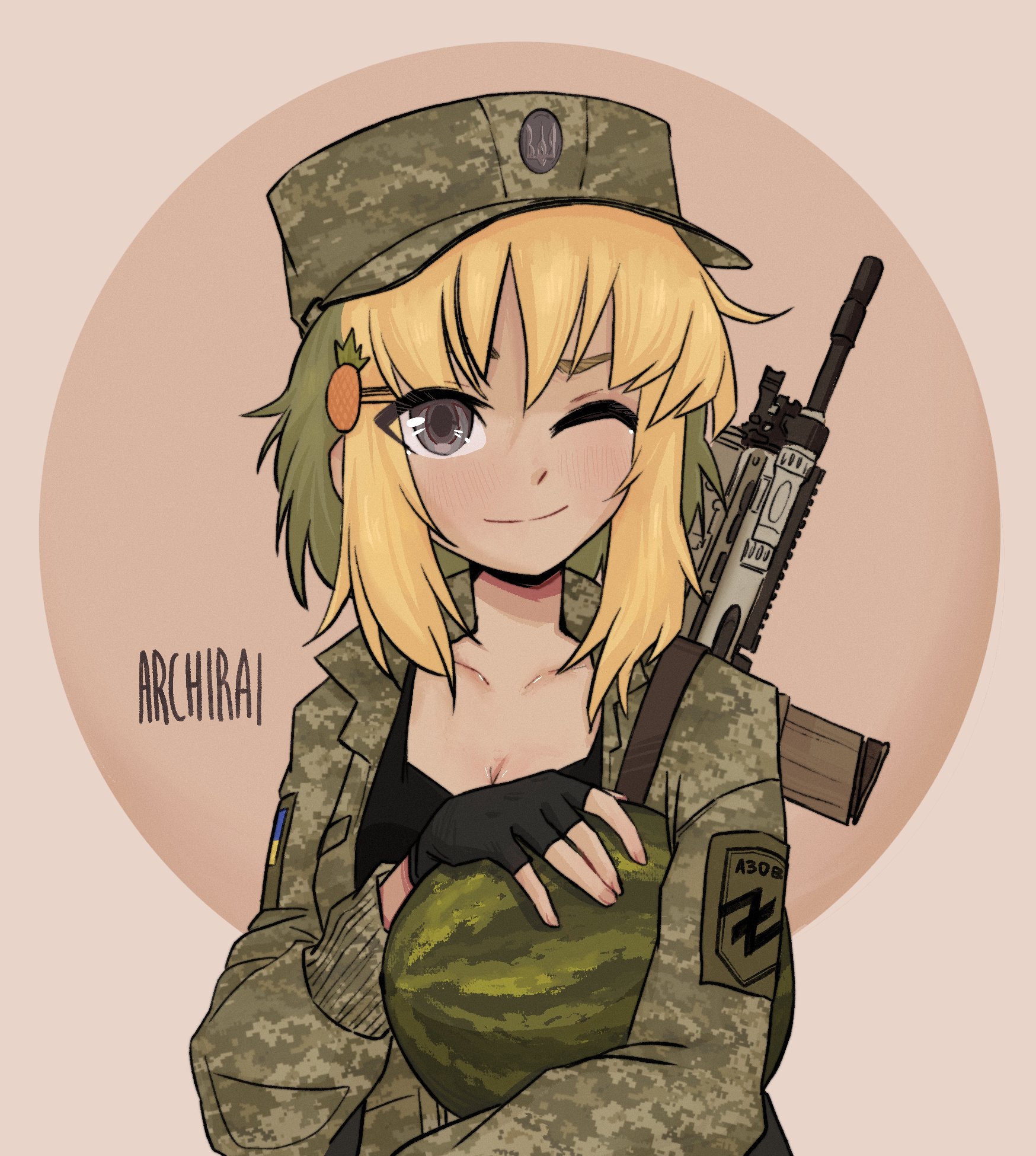 Safebooru - 1girl archirai artist name assault rifle azov battalion black shirt blonde hair ...