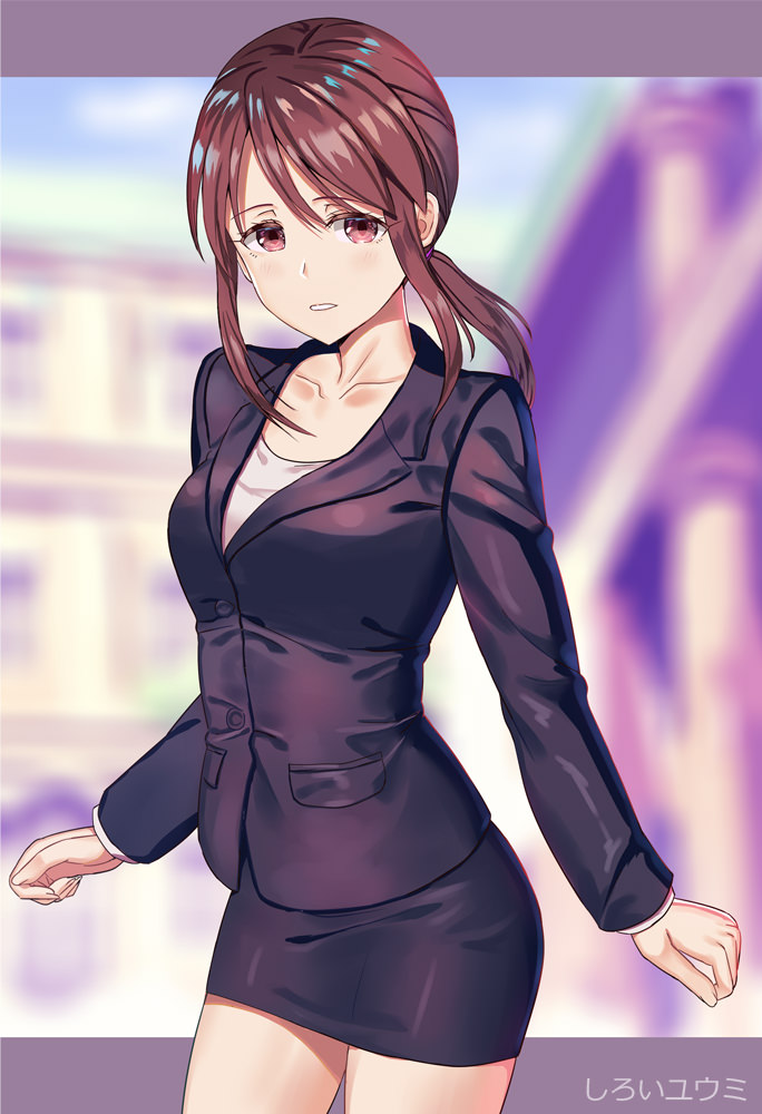 Safebooru - 1girl black jacket black skirt blurry blurry background brown eyes brown hair ...