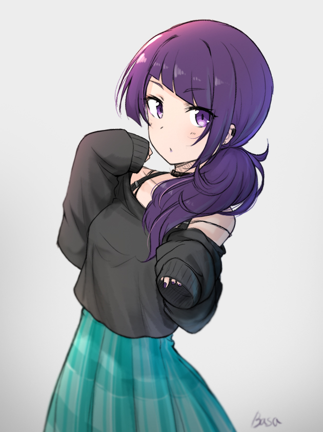 Safebooru - 1girl bangs bare shoulders basa rutan black skirt blush breasts closed mouth ...