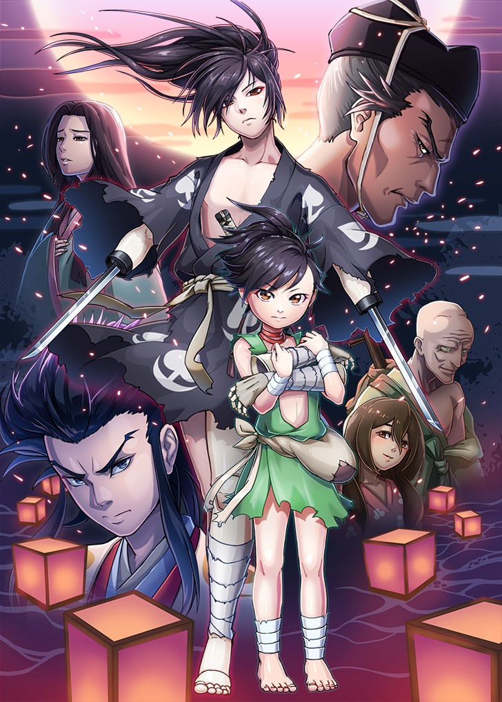 Safebooru - 3girls 4boys afloat lantern ankle wrap bald barefoot biwamaru black hair black ...