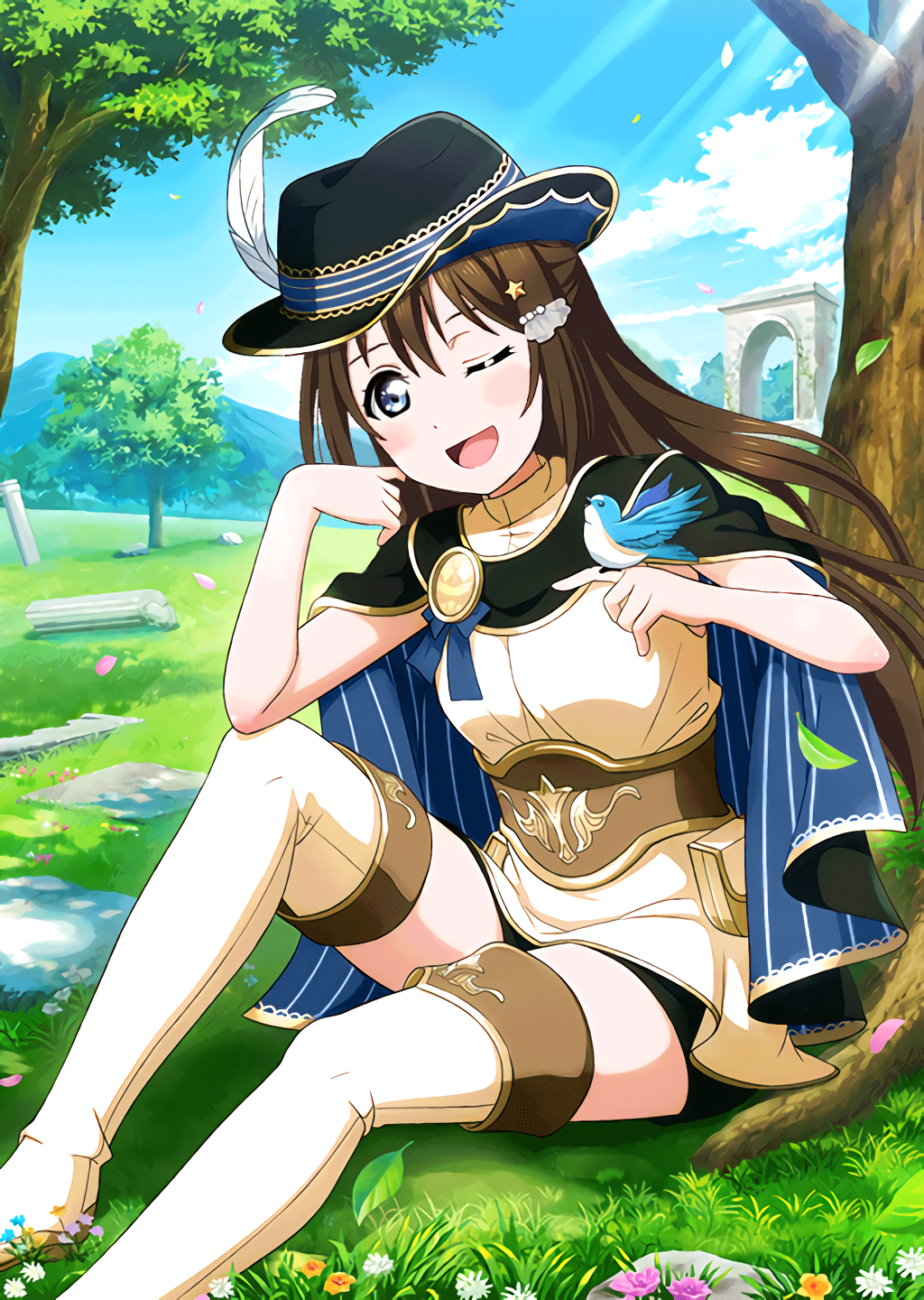 Safebooru - 1girl ;d bike shorts bird bird on hand black cape black headwear black shorts blue ...