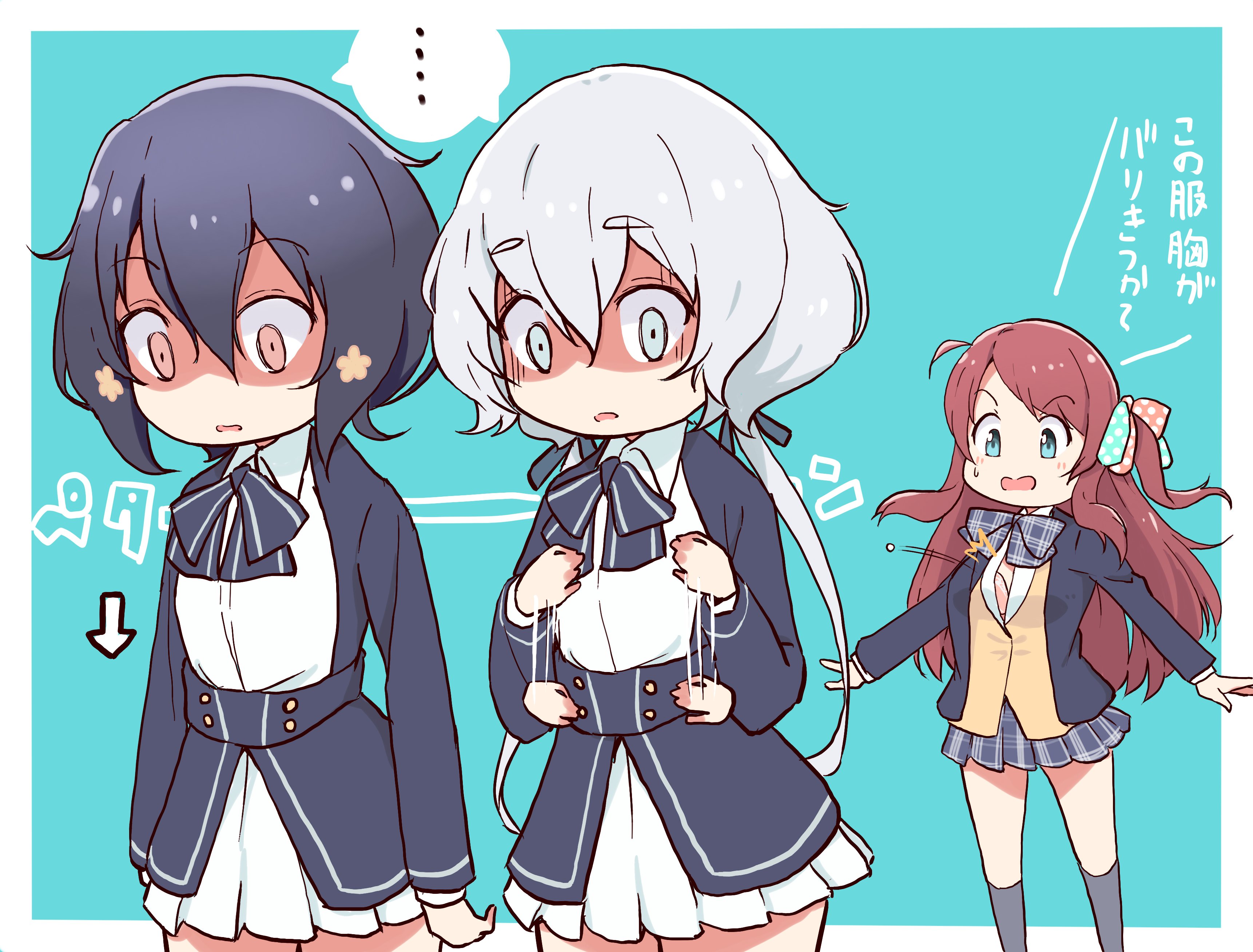 Safebooru - ... 3girls absurdres aqua background black dress black hair ...