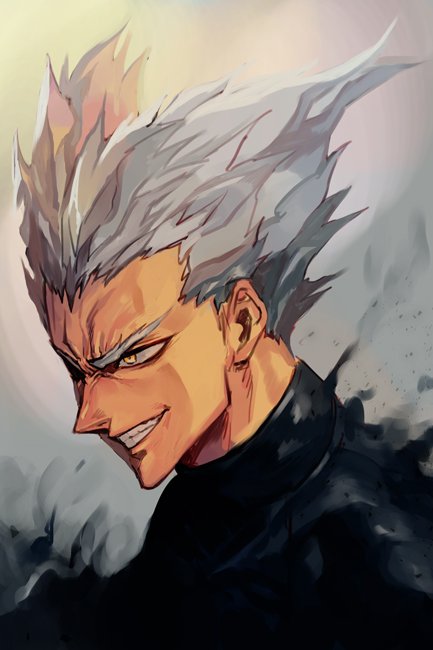 Safebooru - 1boy garou (one-punch man) grey background grey hair grin ...
