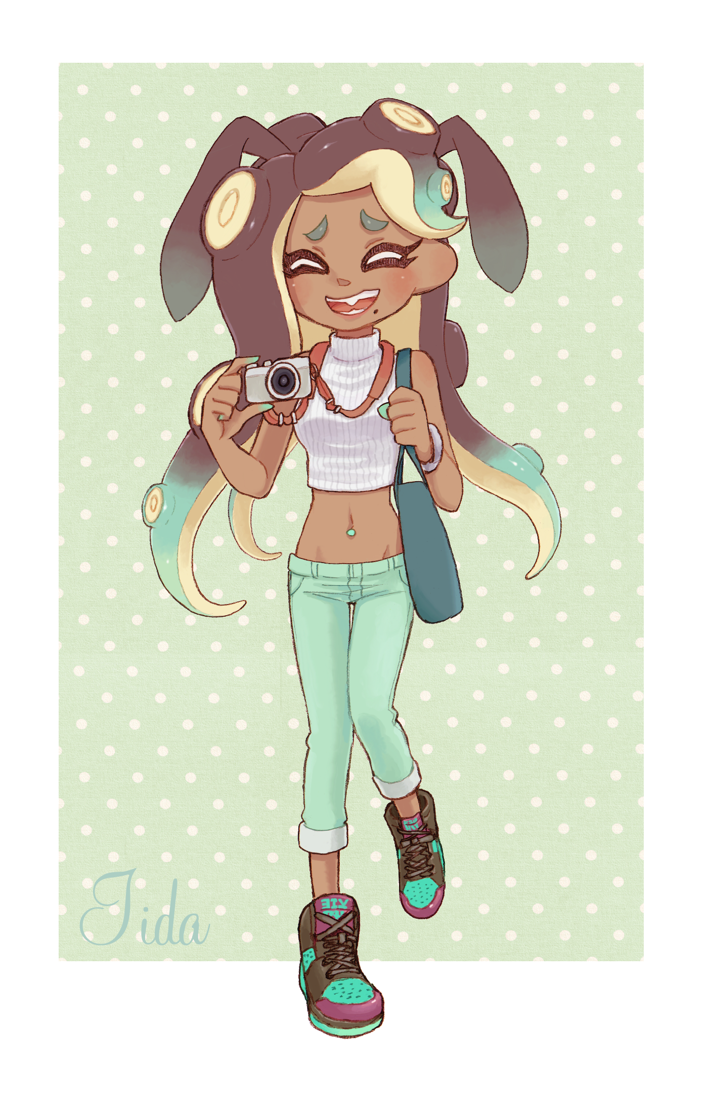 Safebooru - 1girl bag black footwear black hair bracelet camera capri ...