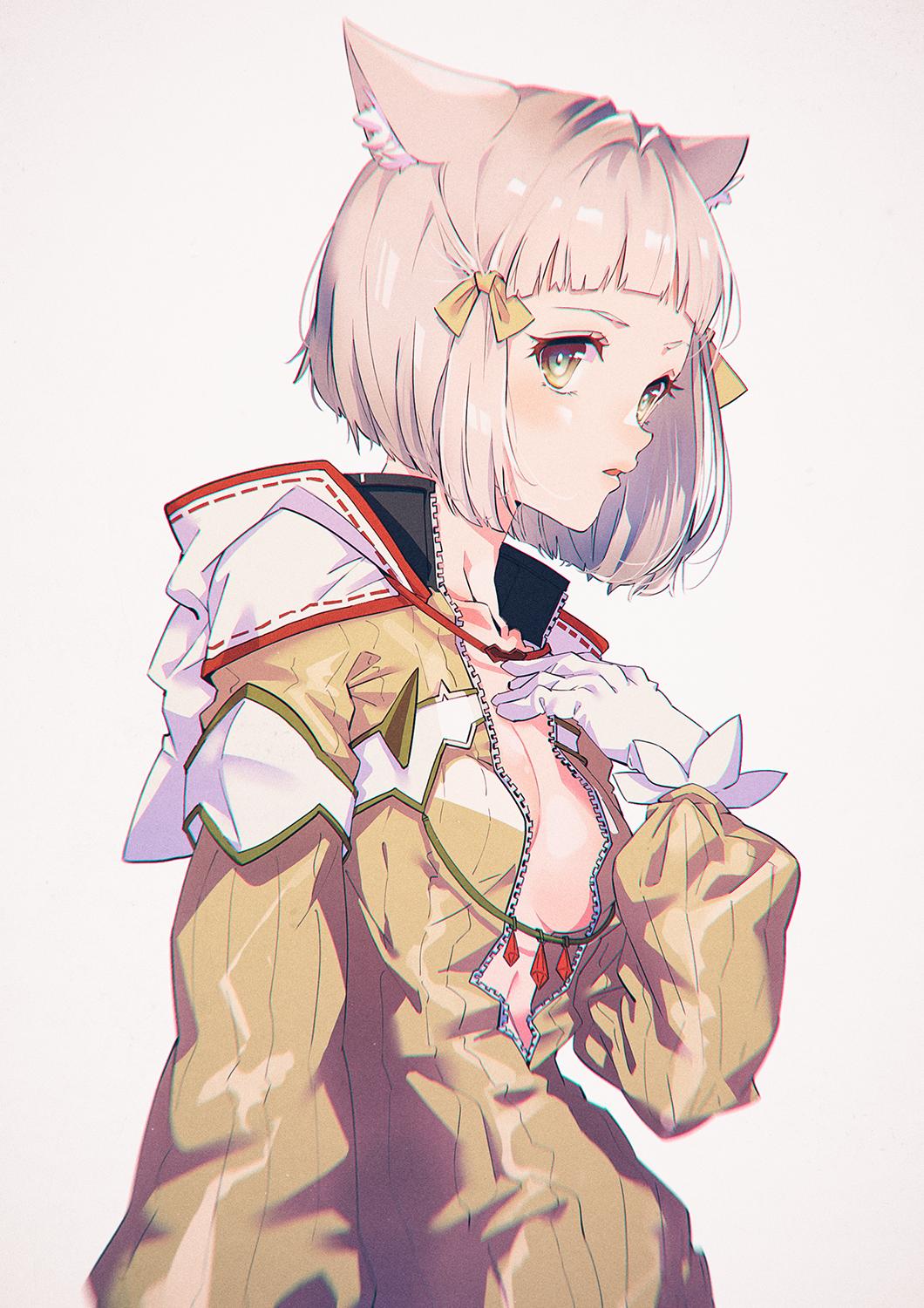 Safebooru - 1girl animal ears bangs blunt bangs blush bob cut bodysuit breasts breasts apart cat ...