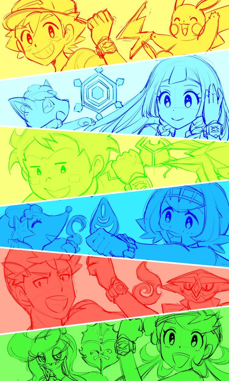 Safebooru - 3boys 3girls alolan vulpix commentary djmn c highres kaki ...
