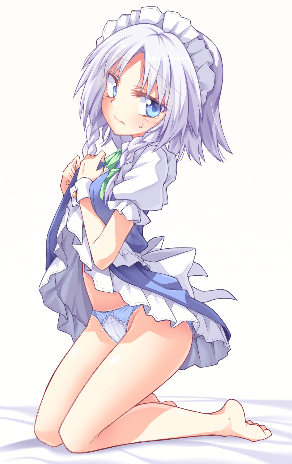 Safebooru - 1girl apron bangs bare legs barefoot bed sheet blue eyes blue panties blush bow bow ...