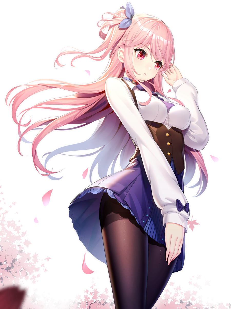 Safebooru - 1girl adjusting hair bangs black legwear blue skirt braid breasts cherry blossoms ...