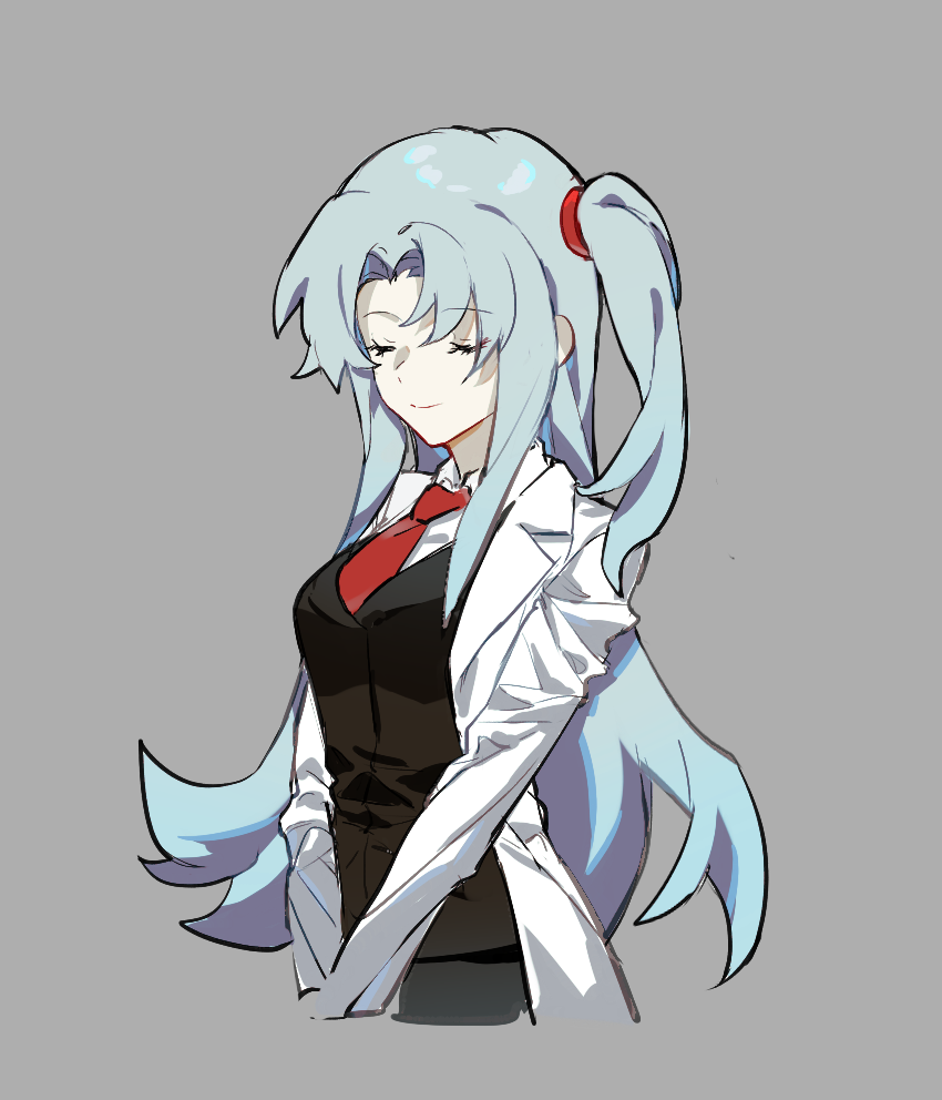 Safebooru - 1girl angela (project moon) black vest blue hair chinese commentary closed eyes ...