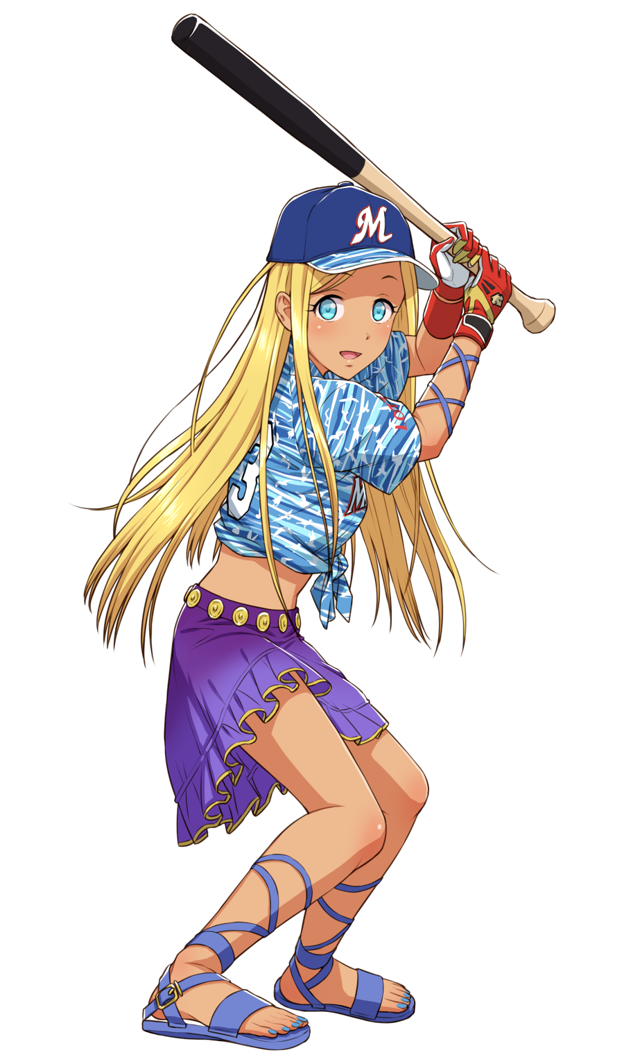 Safebooru - 1girl baseball bat baseball cap blonde hair blue eyes blue headwear blush copyright ...