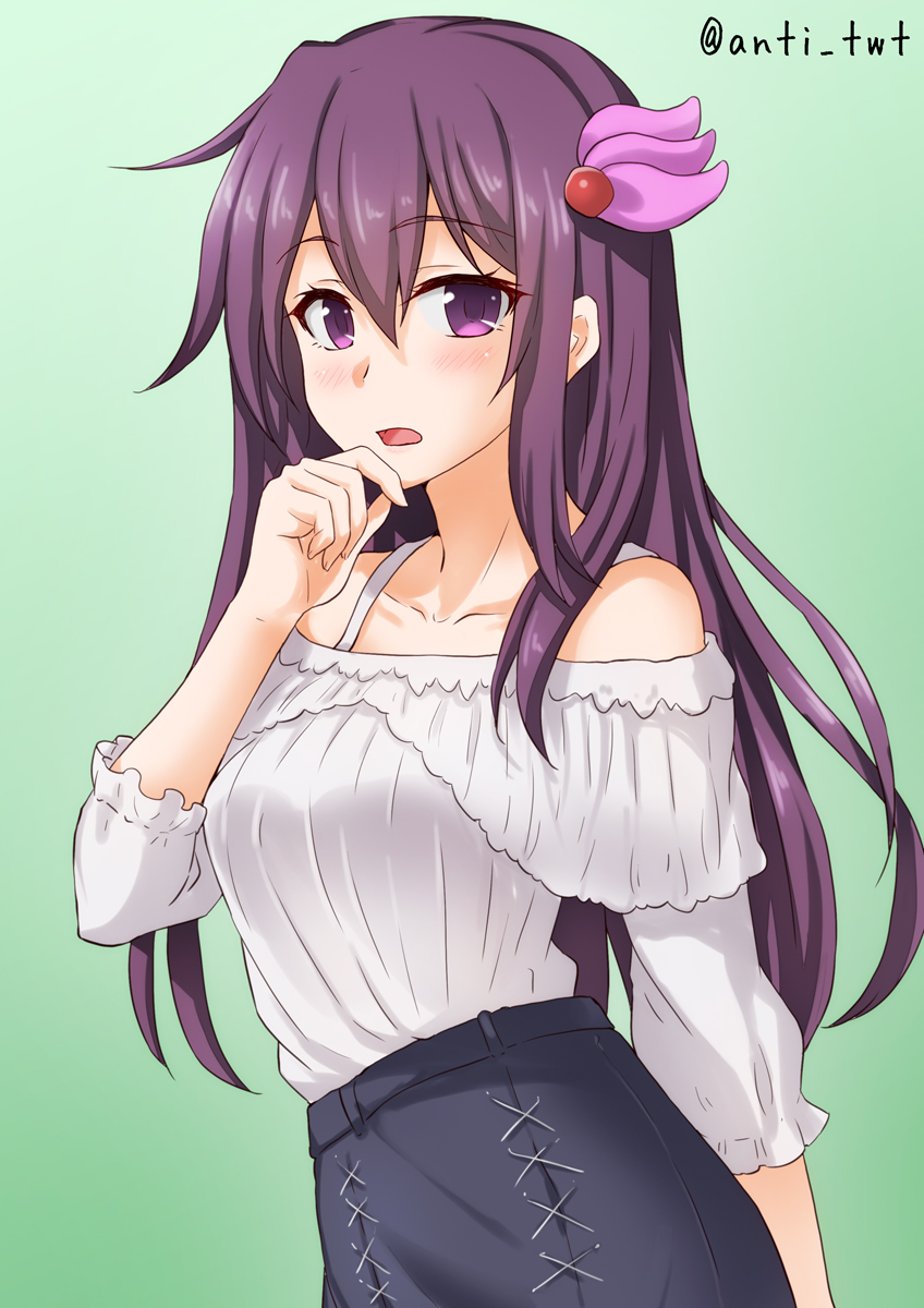 Safebooru - 1girl alternate costume anti (untea9) bare shoulders black skirt blouse casual ...