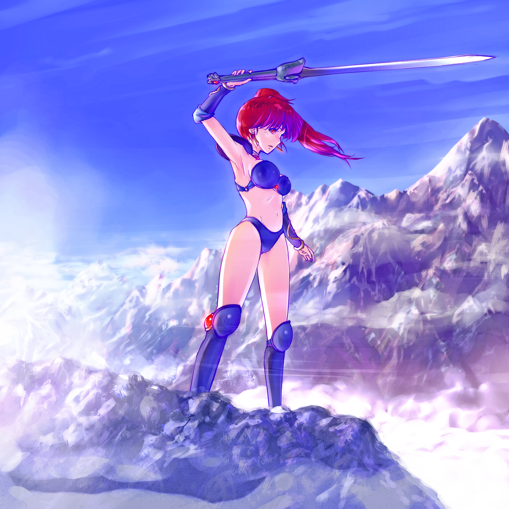 Safebooru - 1girl arm up armor armored boots asagiri youko bikini bikini armor black bikini blue ...