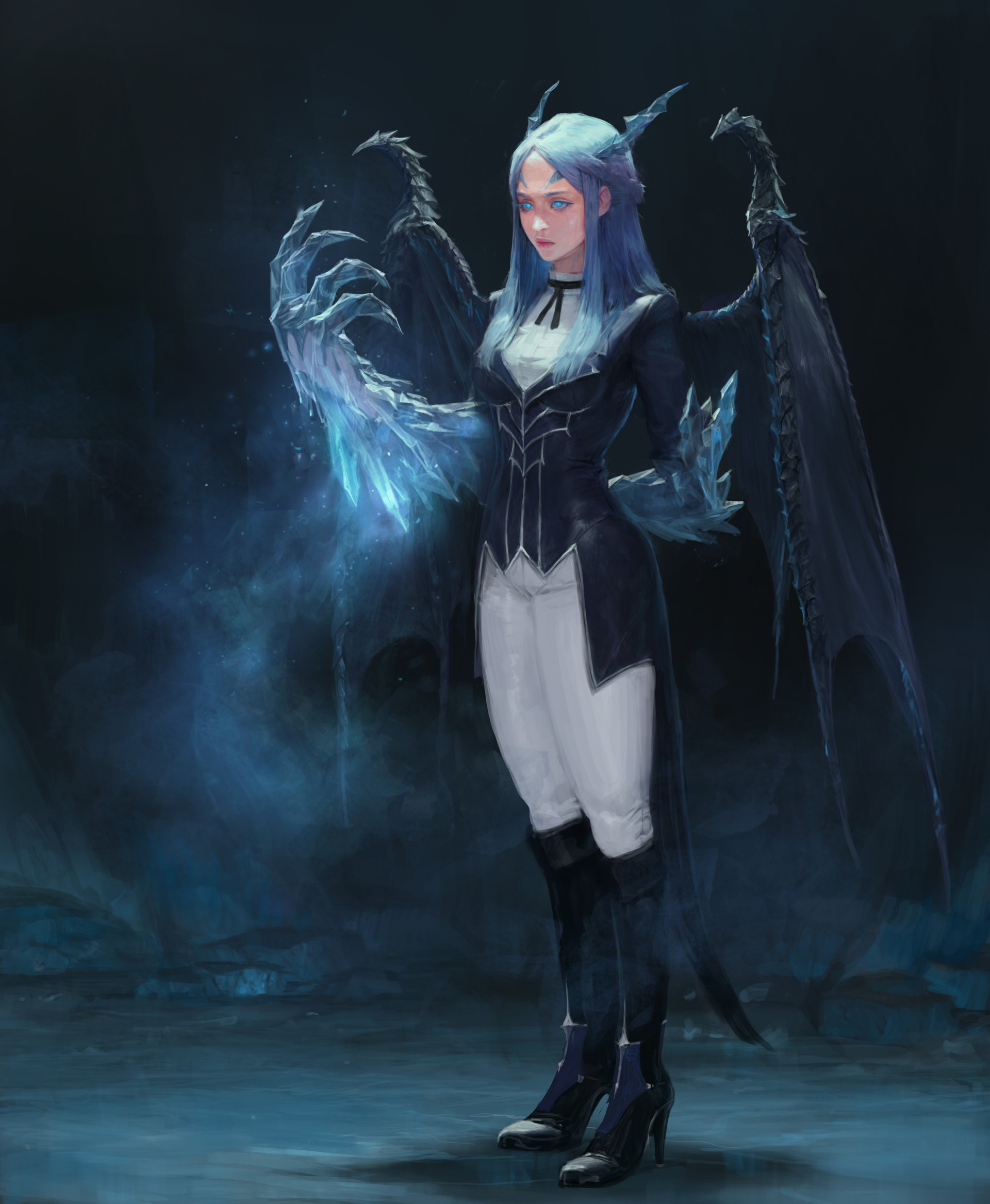 Safebooru - 1girl arm behind back black footwear black ribbon blue eyes blue hair braid claws ...